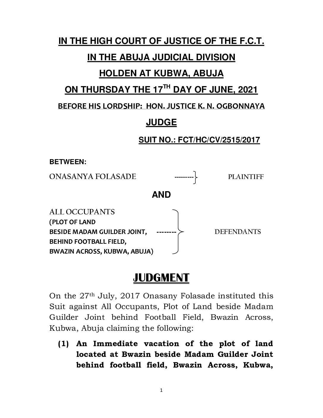 » ONASANYA FOLASADE V.S ALL OCCUPANTS (PLOTS OF LAND BESIDE MADAM ...