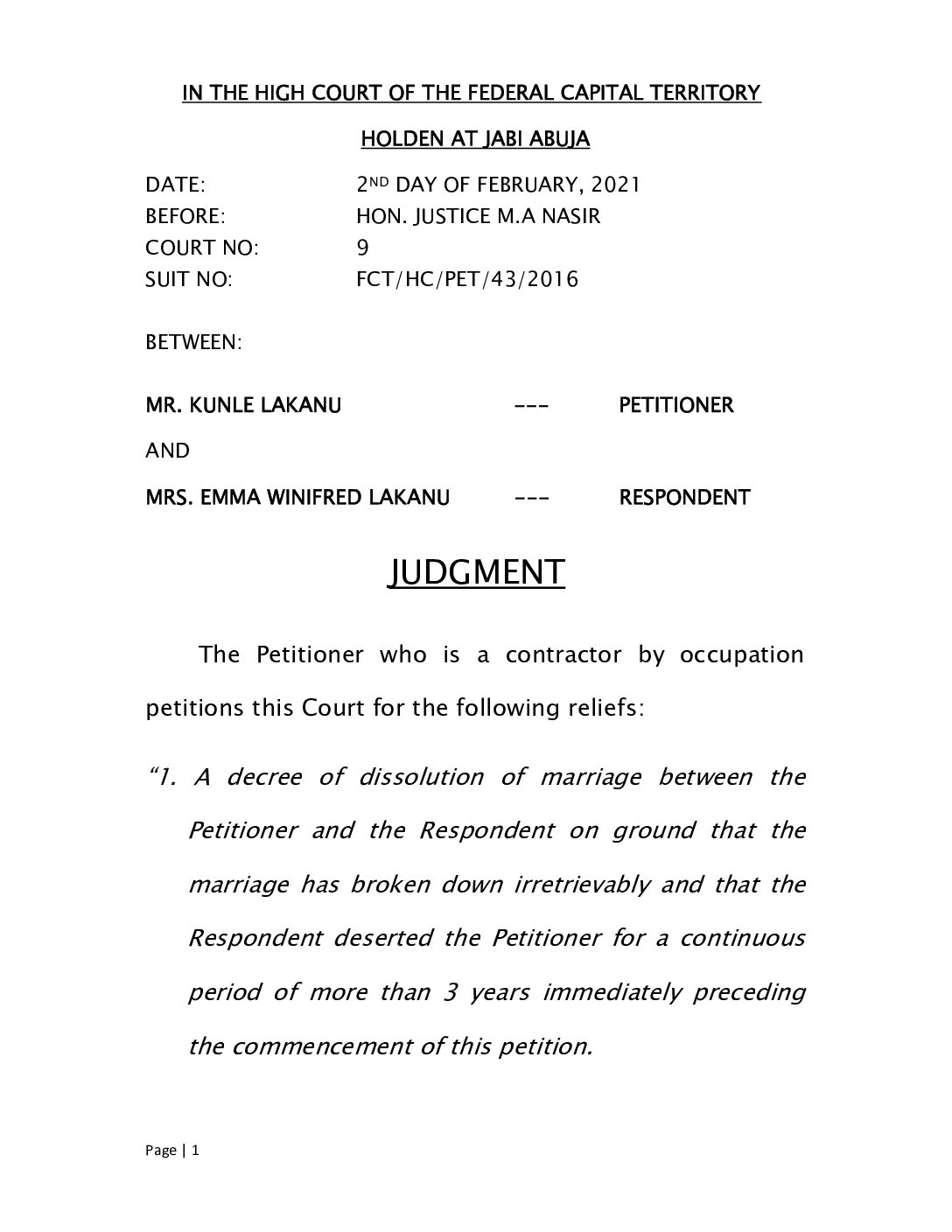 » MR.KUNLE LAKFNU VS MRS. EMMA WINIFRED LAKANU-(DISSOLUTION OF MARRIAGE ...
