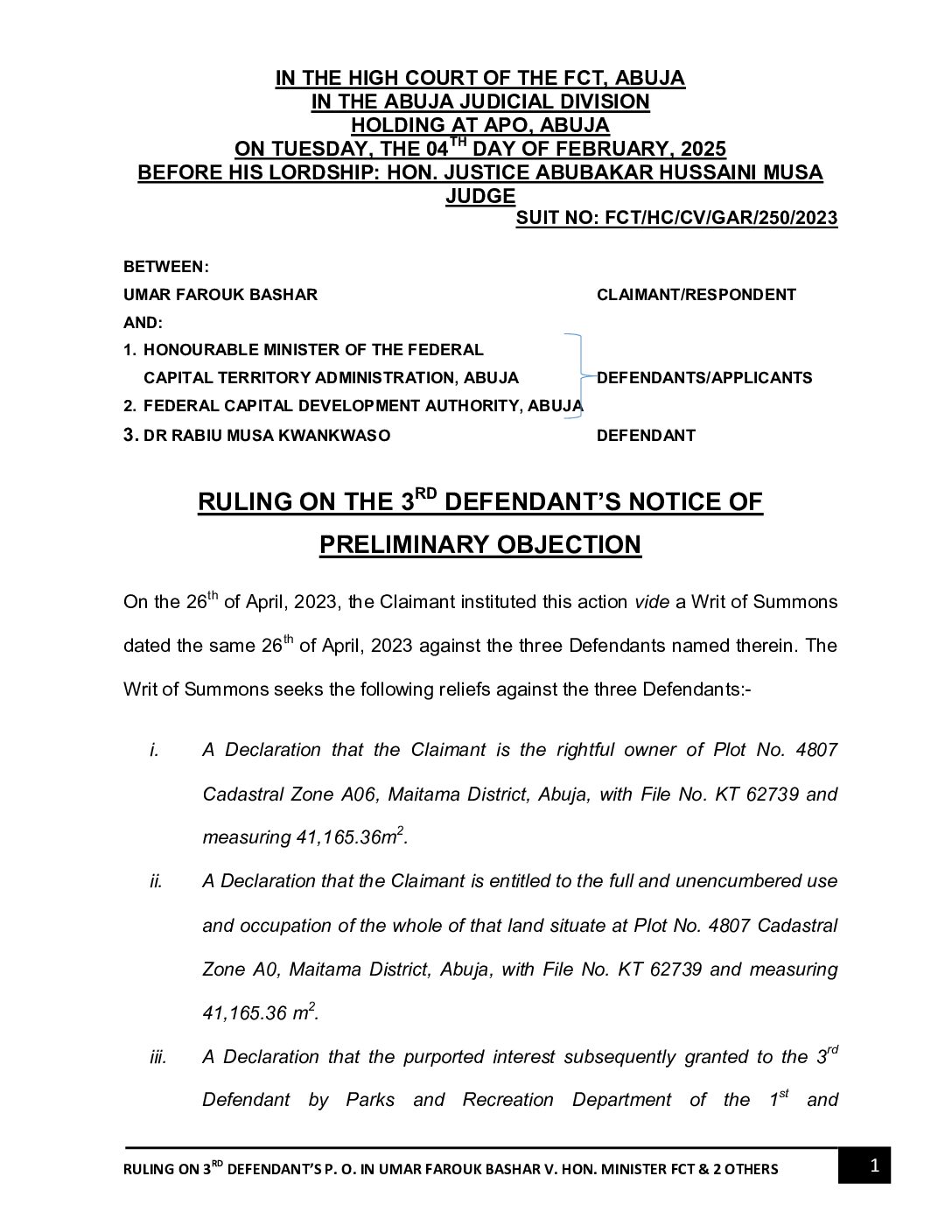 » UMAR FAROUK BASHAR VS. FCT MINISTER & 2 ORS 2-(PRELIMINARY OBJECTION – CAUSE OF ACTION )